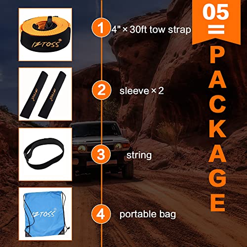 Iztoss 3"×30' Tow Strap Heavy Duty 30 feet Break Strength 35,000 lbs Double Reinforced Webbing Recovery Tow Rope Kit, Winch Snatch Strap (30 Feet Tow Strap)