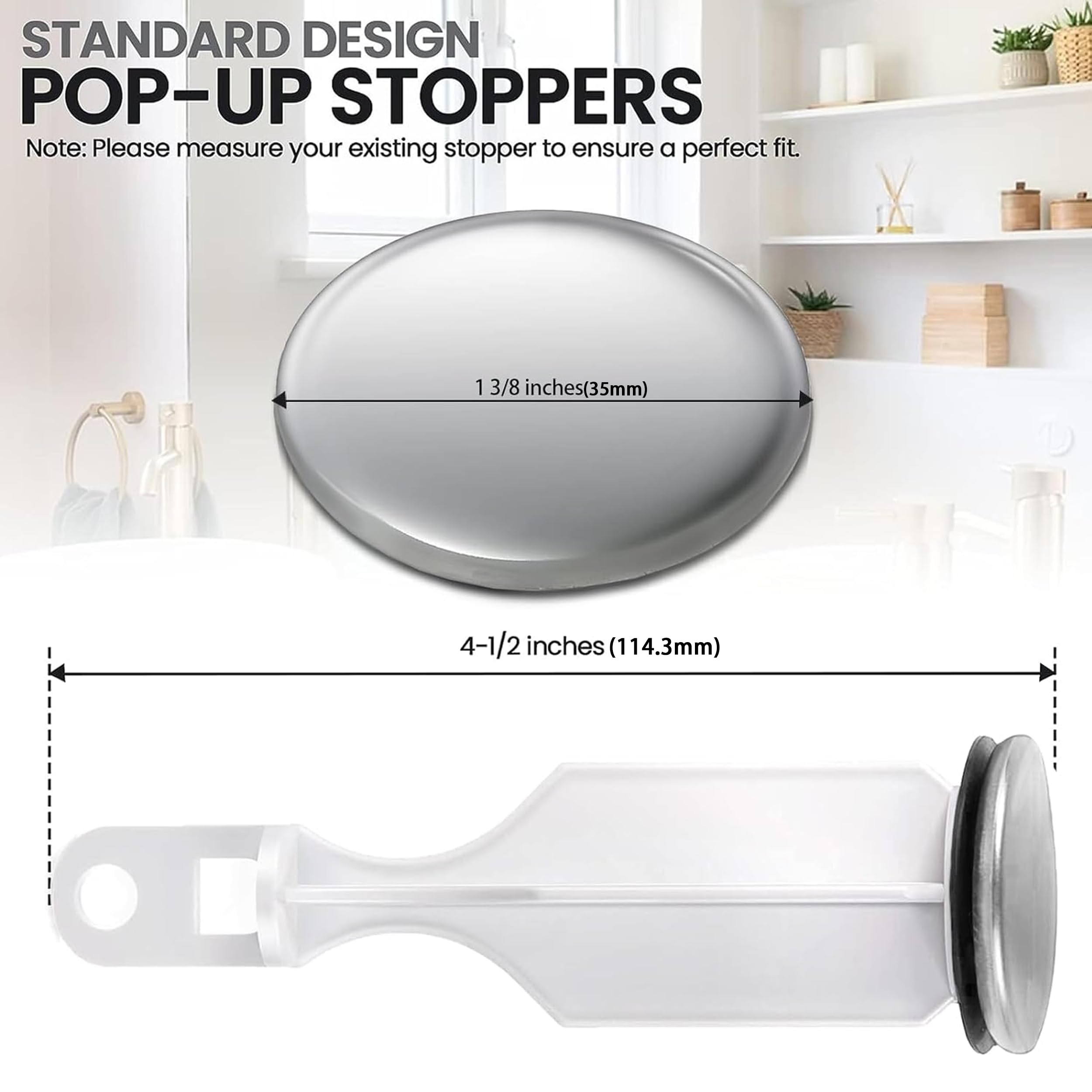 Calvana (2-Pack) Bathroom Sink Pop-Up Stoppers - with Brushed Nickel Finish - Fits Most Pop-Up stoppers Design 1-3/8β Cap Outer Diameter, 4-1/2 Overall Height - with 2 Mounting Holes and Gasket Seal