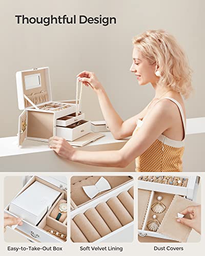 SONGMICS Jewelry Box 3 Layers, Jewelry Organizer with 2 Drawers, Jewelry Case with Portable Travel Case, with Handle, Lockable, Jewelry Storage, Gift for Loved ones, White UJBC121W