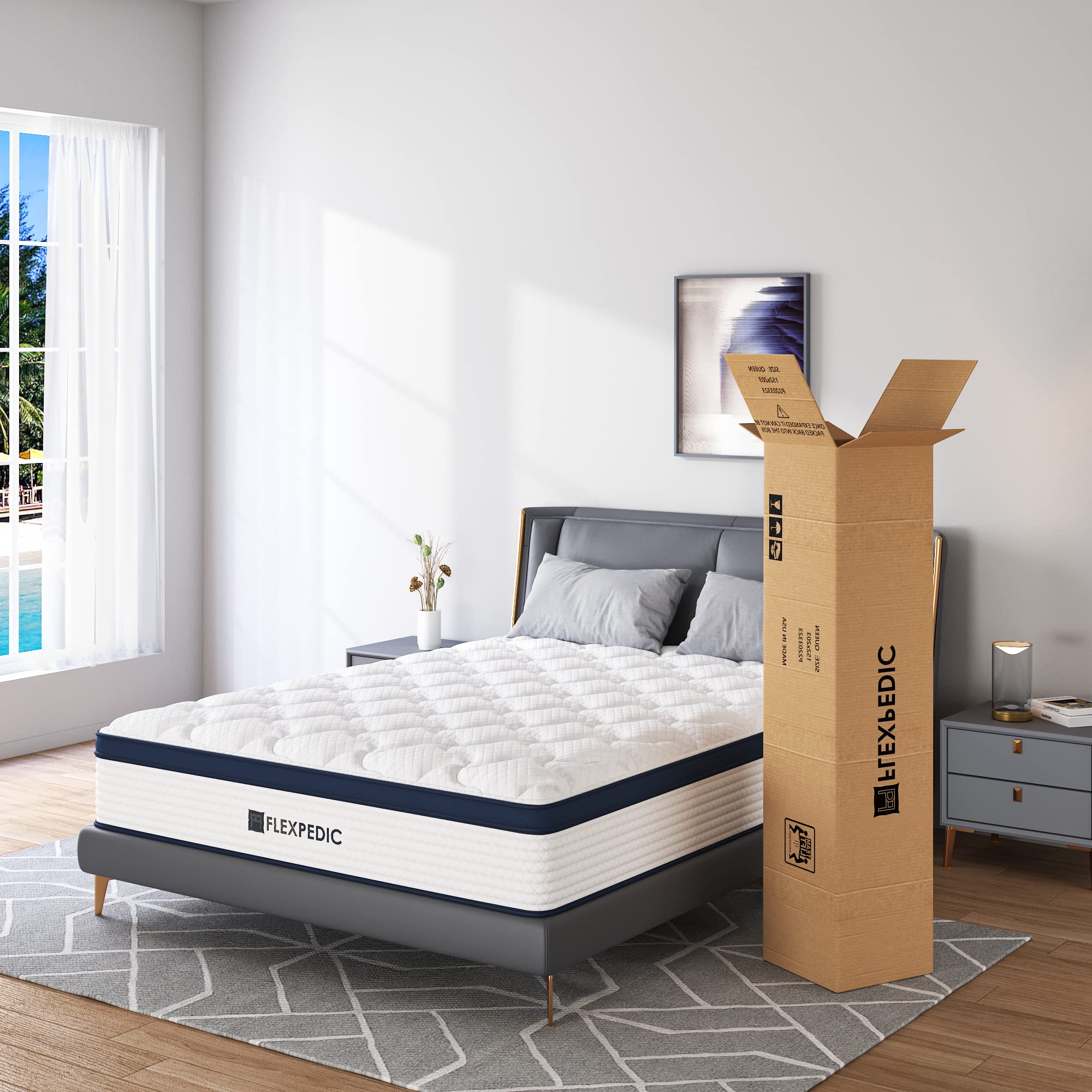 FLEXPEDIC Deep Sleep 8 Inch Mattress Twin Size in a Box, Cloud Euro Top Soft Hybrid Mattress Made in USA, Memory Foam Pocket Innerspring Mattresses, CertiPUR-US Certified