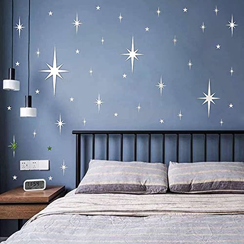 Retro Starburst Mirror Wall Decals Silver 3D Acrylic Sparkle Wall Decors Star Wall Stickers Removable Star Decals Home Wall Decors(123pcs)