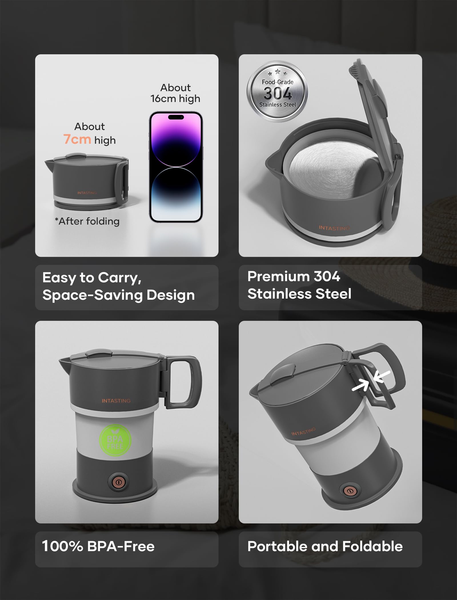 Foldable Travel Electric Kettle, 600ML Portable Water Boiler with 800w Power & Auto Shutoff, Compact BPA-Free Silicone Kettle for Tea, Coffee, Collapsible mini Kettle for Travel - Dark Grey