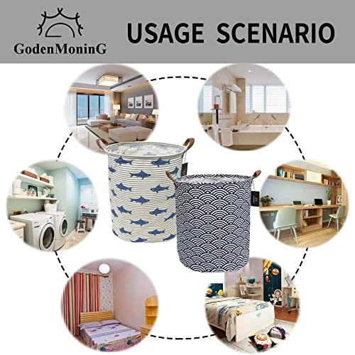 Collapsible Laundry Basket - GodenMoninG 2X 62.8L Large Sized Round Waterproof Storage Bin with Leather Handles,Home Decor,Toy Organizer,Children Nursery Hamper.(2 PACKS,Grey Striped Shark & Blue Wave)