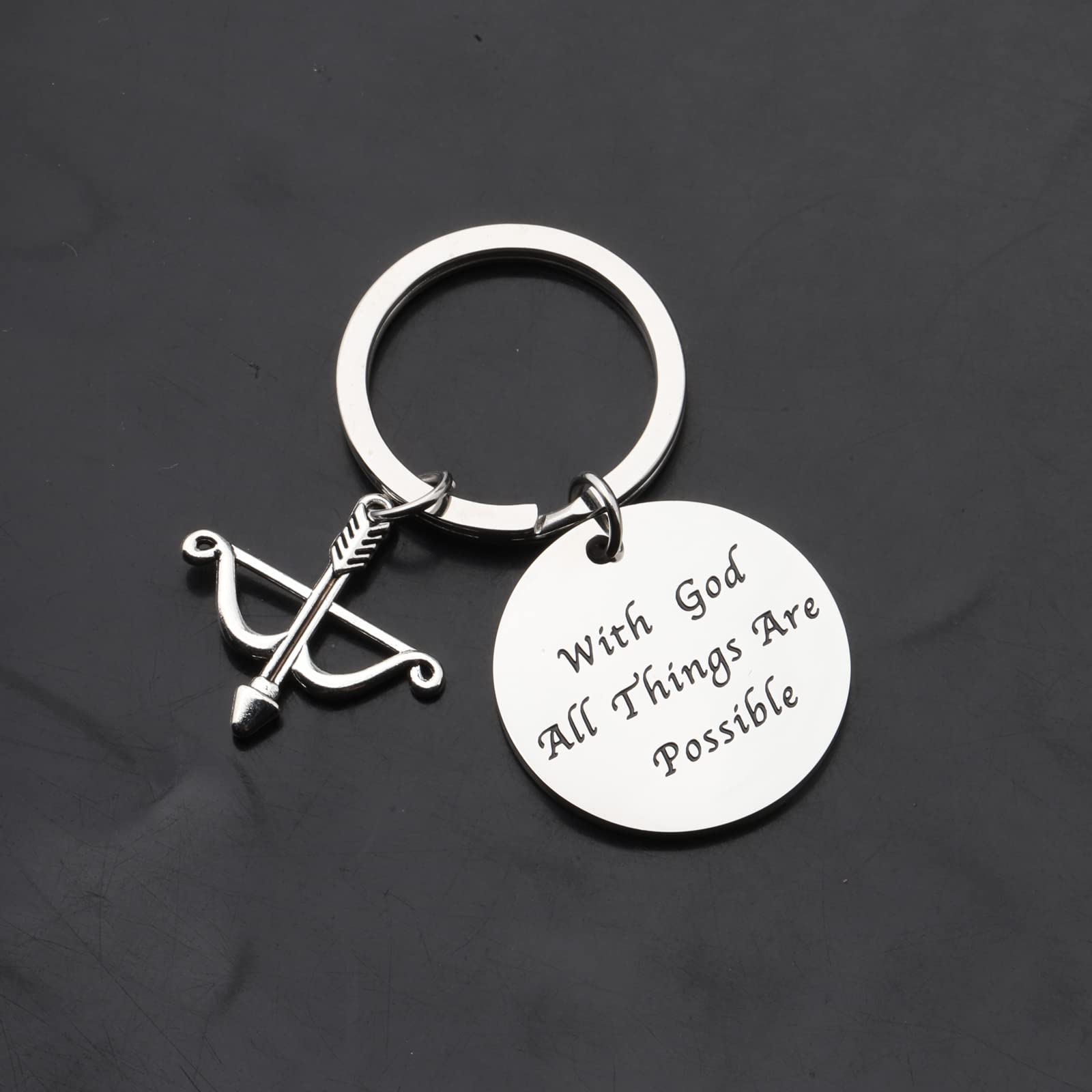 BEKECH Archery Sport Player Gift With God All Things Are Possible Arrow Bowhunting Charm Keychain for Archery Team Archery Lover Hunting Lover (silver)
