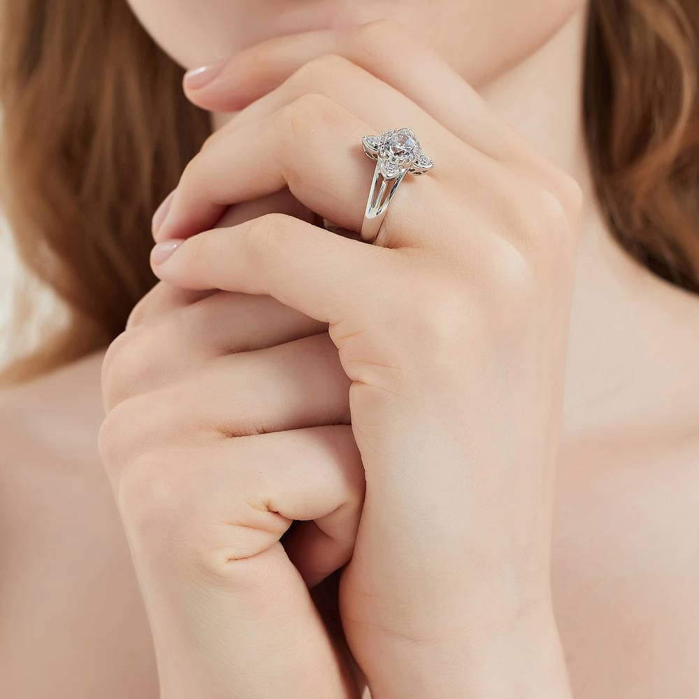 BERRICLE Sterling Silver Flower Cubic Zirconia CZ Fashion Ring for Women, Rhodium Plated Size 7