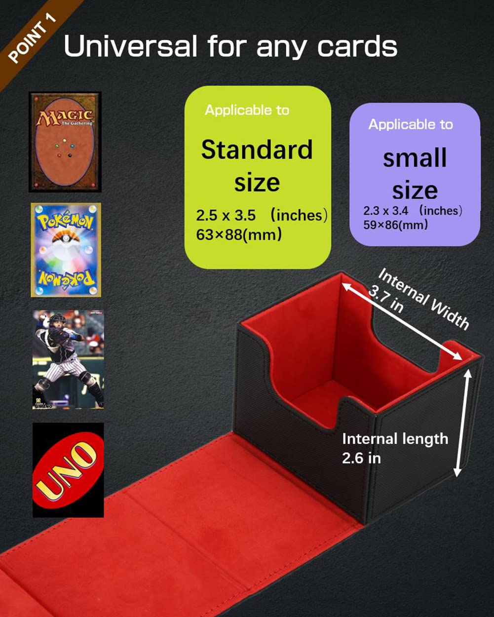 Venssu Card Deck Box,Horizontal Card Deck Case,Deck Card Box, Leather Large Size Fit 100 Plus Sleeved Cards Compatible with MTG TCG CCG(Black&Grey)