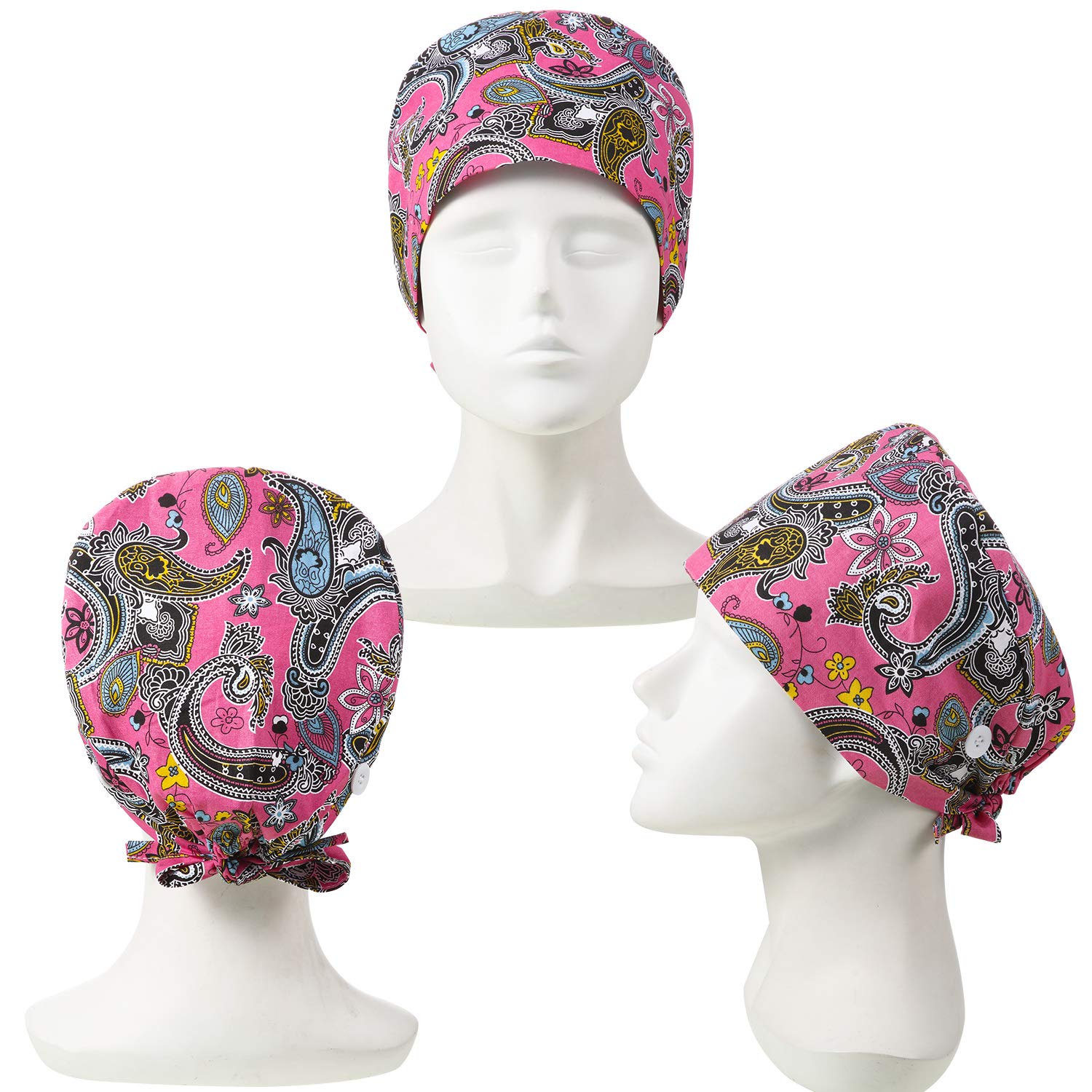 SATINIOR 6 Pieces Adjustable Turban Caps with Button and Sweatband Bouffant Printed Covering Hat for Women Men