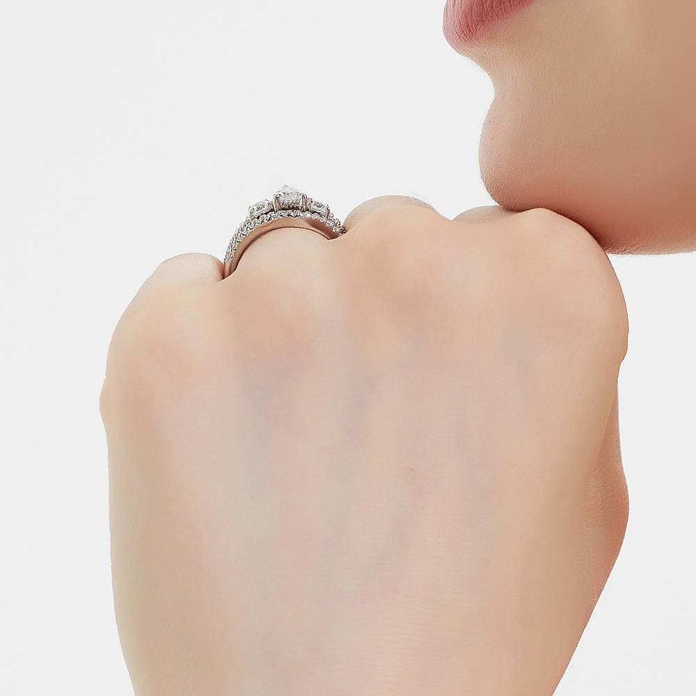 BERRICLE Sterling Silver 3-Stone Wedding Engagement Rings Pear Cut Cubic Zirconia CZ Ring Set for Women, Rhodium Plated Size 7