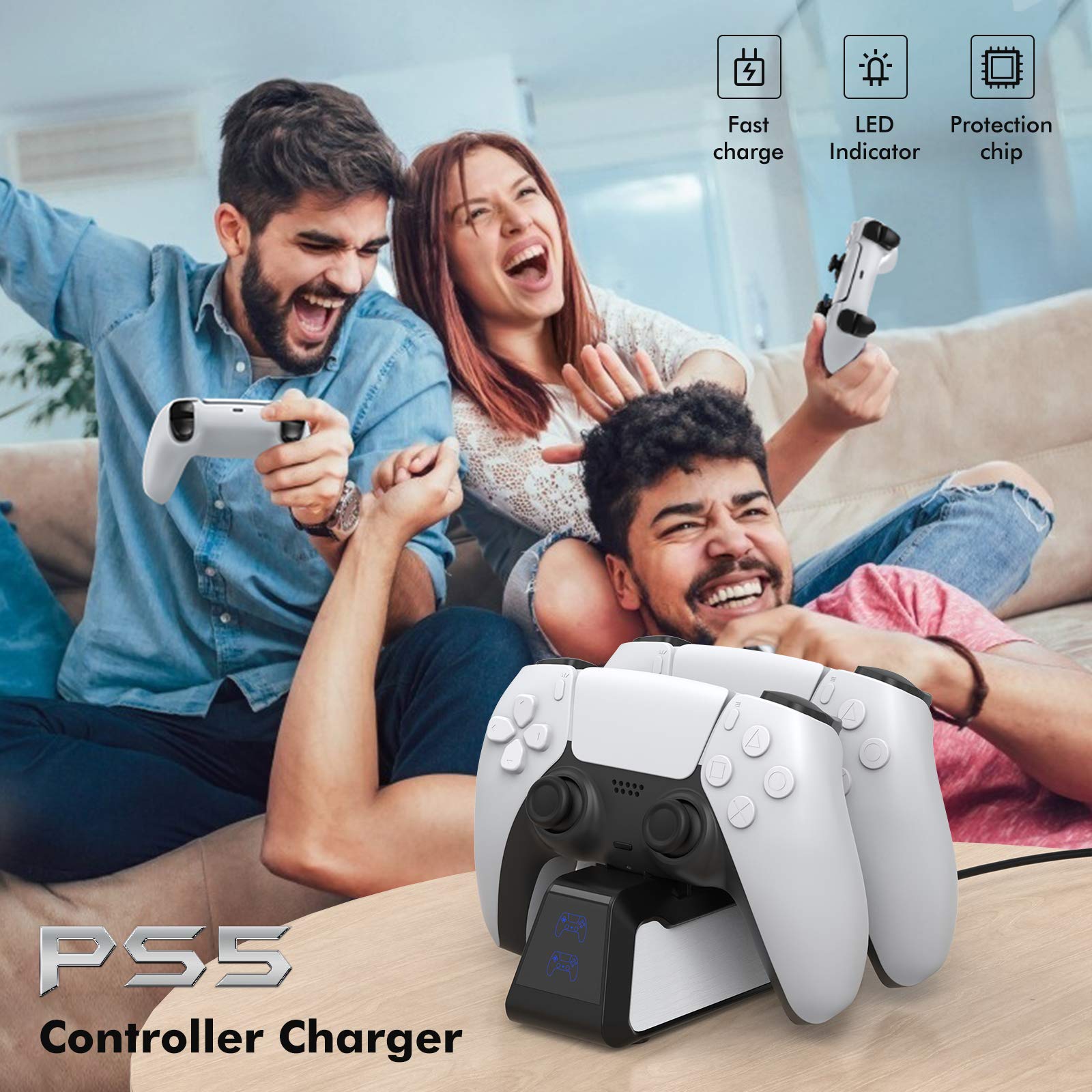 KIWIHOME PS5 Controller Charger Fast Charging Station, Charging Dock Stand for PS5 Playstation 5 Controller Accessories with LED Indicators and USB C Charging Cable (White)