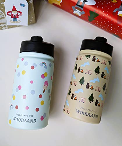 Kids Thermal Bottle with Straw Lid and Loop Cap, 12oz Premium Stainless Steel Water Bottle, Easy to Drink for Toddlers, Keeps Drinks Fresh for 12 Hours (Camping Bear)