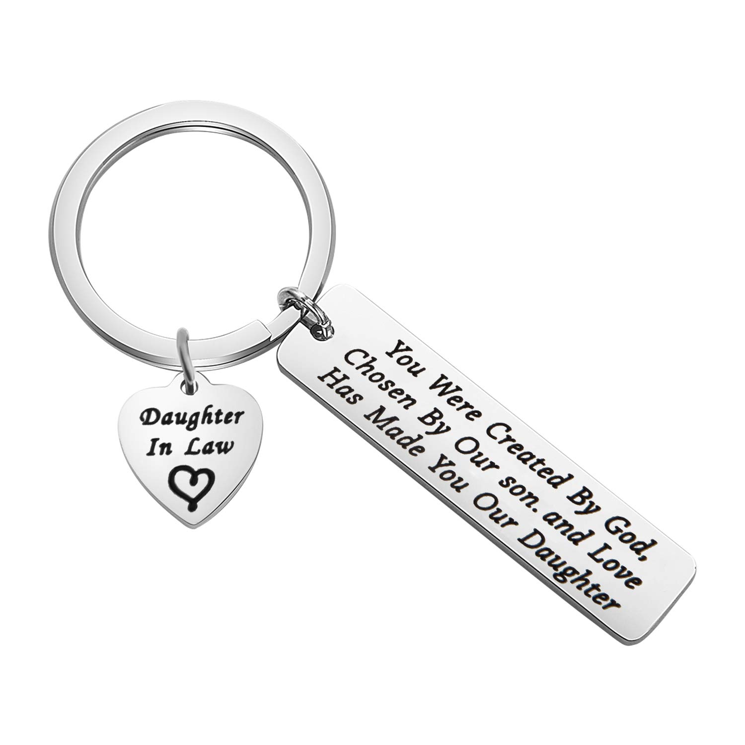 BEKECH Daughter-in-Law Gift Bonus Daughter In law Keychain Wedding Gift Jewelry from Mother-in Law You Were Created by God Chosen by Our Son and Love Has Made You Our Daughter (silver)