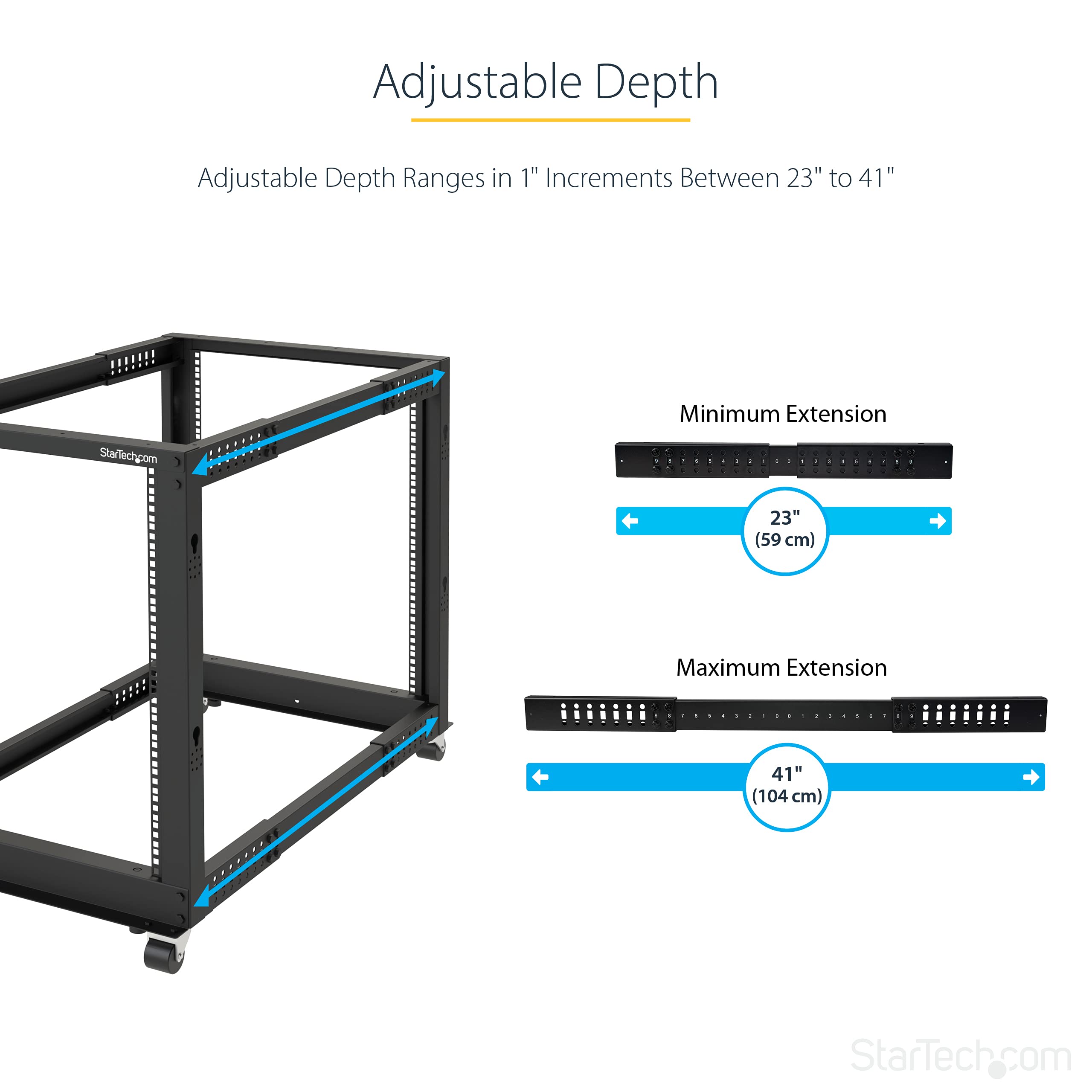 StarTech.com 4-Post 42U Mobile Open Frame Server Rack, 19in Network Rack with Wheels, Rolling Rack for Computer/AV/Data/IT Equipment - Casters, Leveling Feet or Floor Mounting (4POSTRACK42)