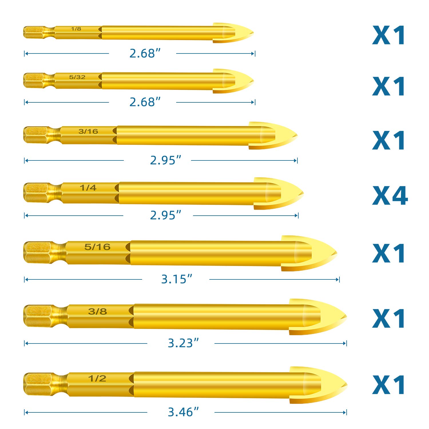 Masonry Drill Bits Set for Tile Glass Ceramic Brick Wood, 10 pcs Diameter 1/8 to 1/2 Inch Drilling Bits with 1/4 Hex Shank, Gold,