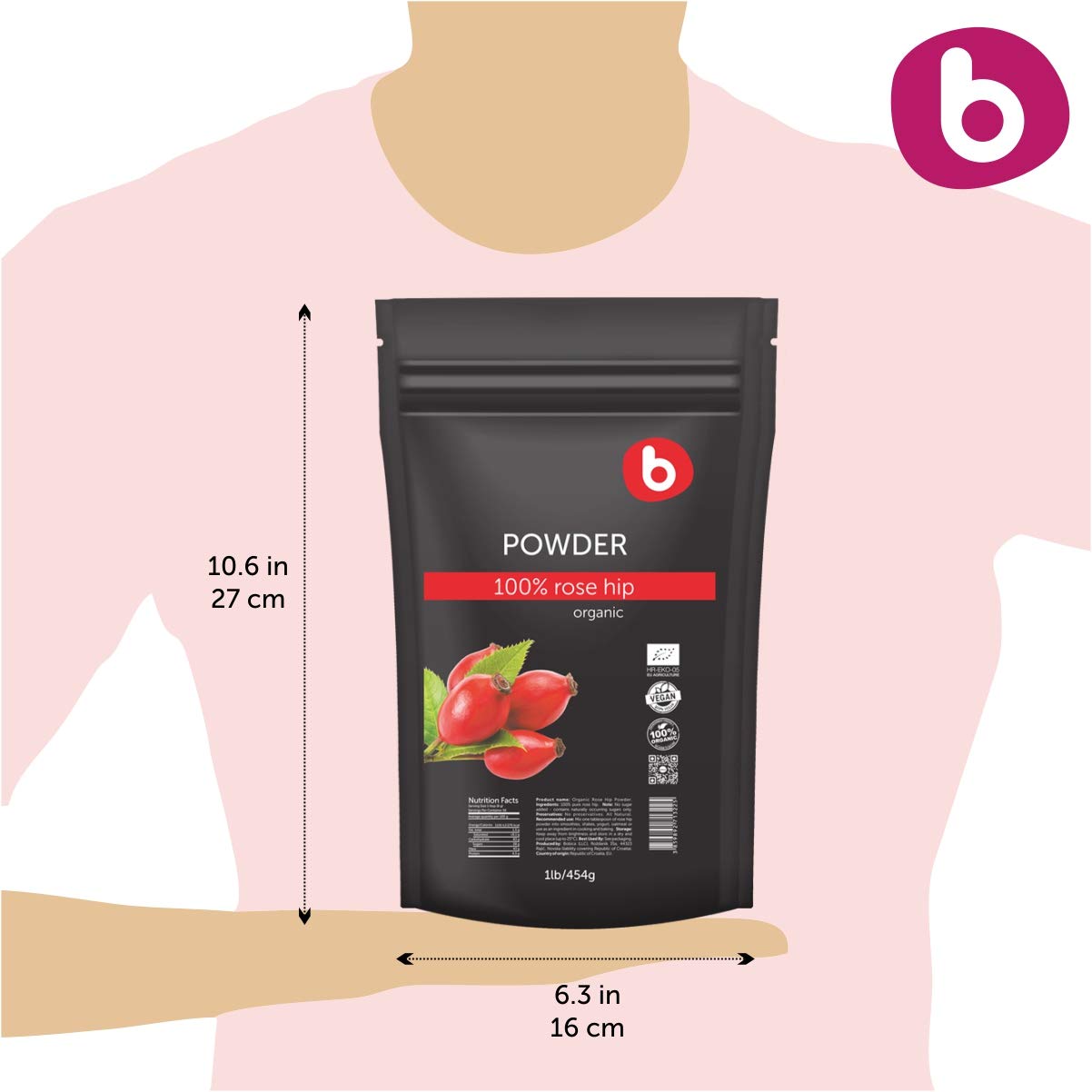 Bobica Organic Rose Hip Powder, Natural Vitamin C, Increases Cell Longevity and Elasticity, Moisturizes, 100% Pure, Non-GMO, Gluten-Free, 1lb