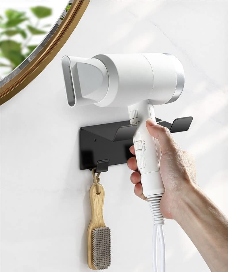 Hair Dryer Holder,Stainless Steel Self Adhesive Blow Dryer Holder,Wall Mounted with 2 Hooks for The Bathroom(Black)