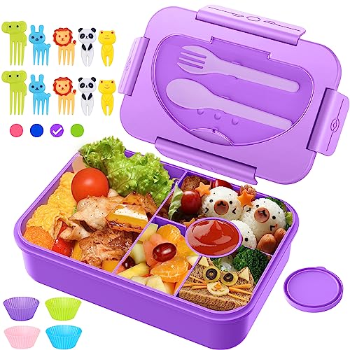 Lunch Box Kids, Bento Box, 1350ML Bento Lunch Box for Kids, Lunch Containers with 5 Compartments Utensils Food Picks Cake Cups, Leak-proof Bento Box Adult Lunch Box for Boys Girls Toddler, Purple
