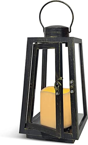 Decorative Lanterns with Timer, 10" Outdoor Candle Lantern with LED Candles - Hanging Lanterns for Home Wedding Vintage Decor - Plastic with Bronze Undertones