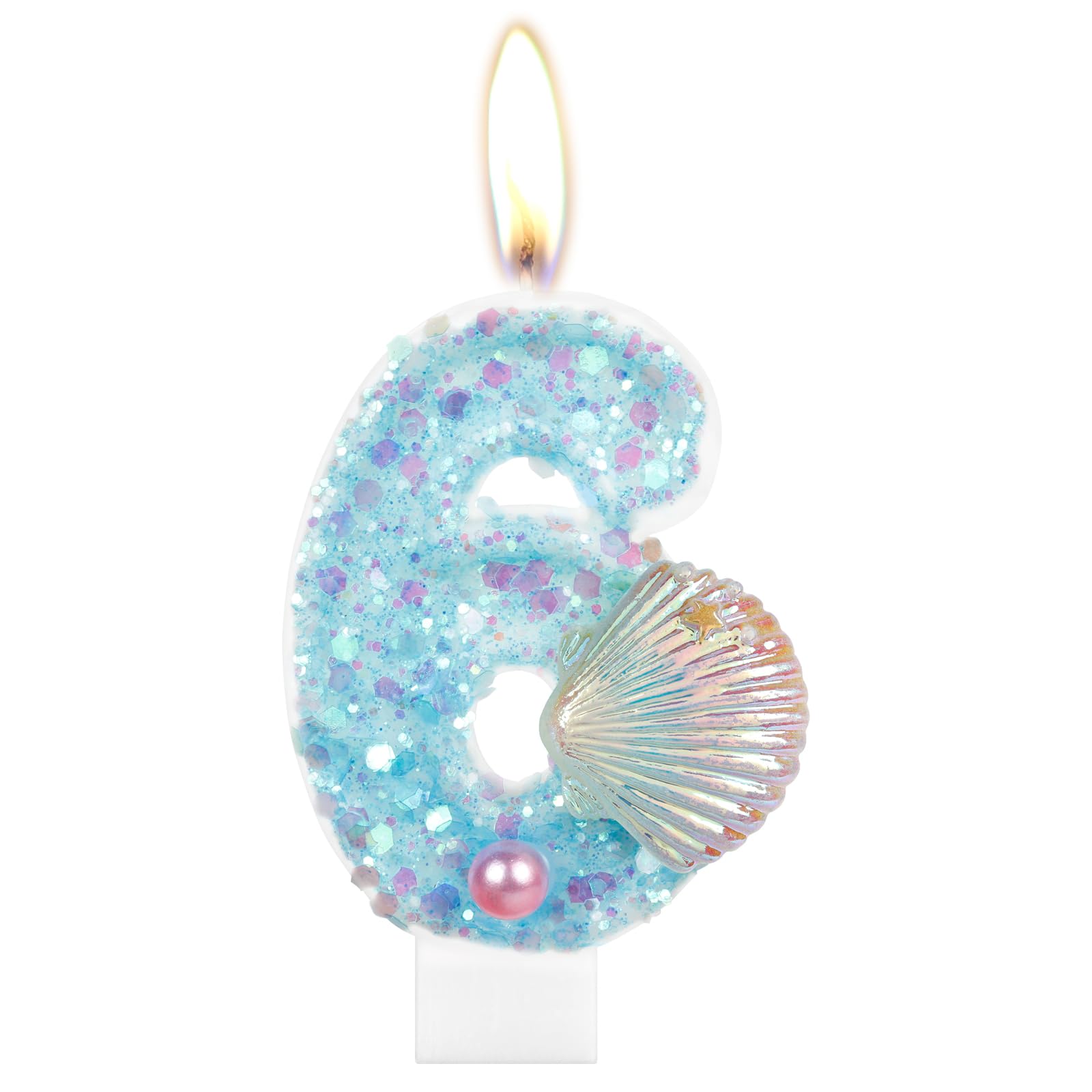 Blue Birthday Number 6 Candle, Girls Glitter Shell Sequins Birthday Candles for Cake Decorations, Mermaid Theme Party Birthday Wedding Anniversary Celebration Supplies