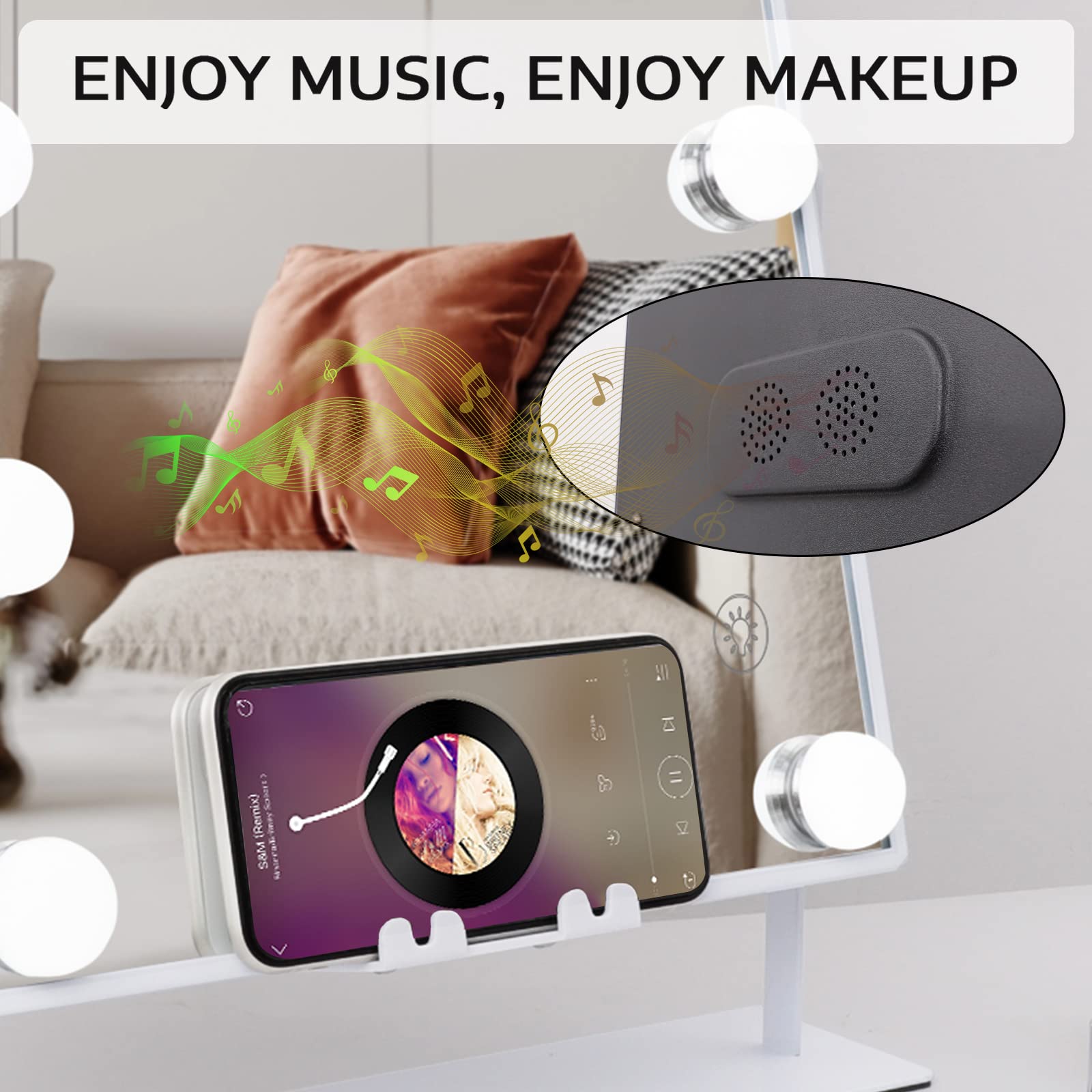 Fenair Hollywood Vanity Mirror with Lights Speaker and Wireless Charging Lighted Makeup Mirror with 12 LED Lights Upgrated Hollywood Mirror with Dimmable Lights