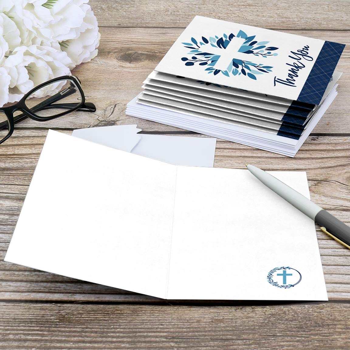 Big Dot of Happiness Blue Elegant Cross - Boy Religious Party Thank You Cards (8 count)