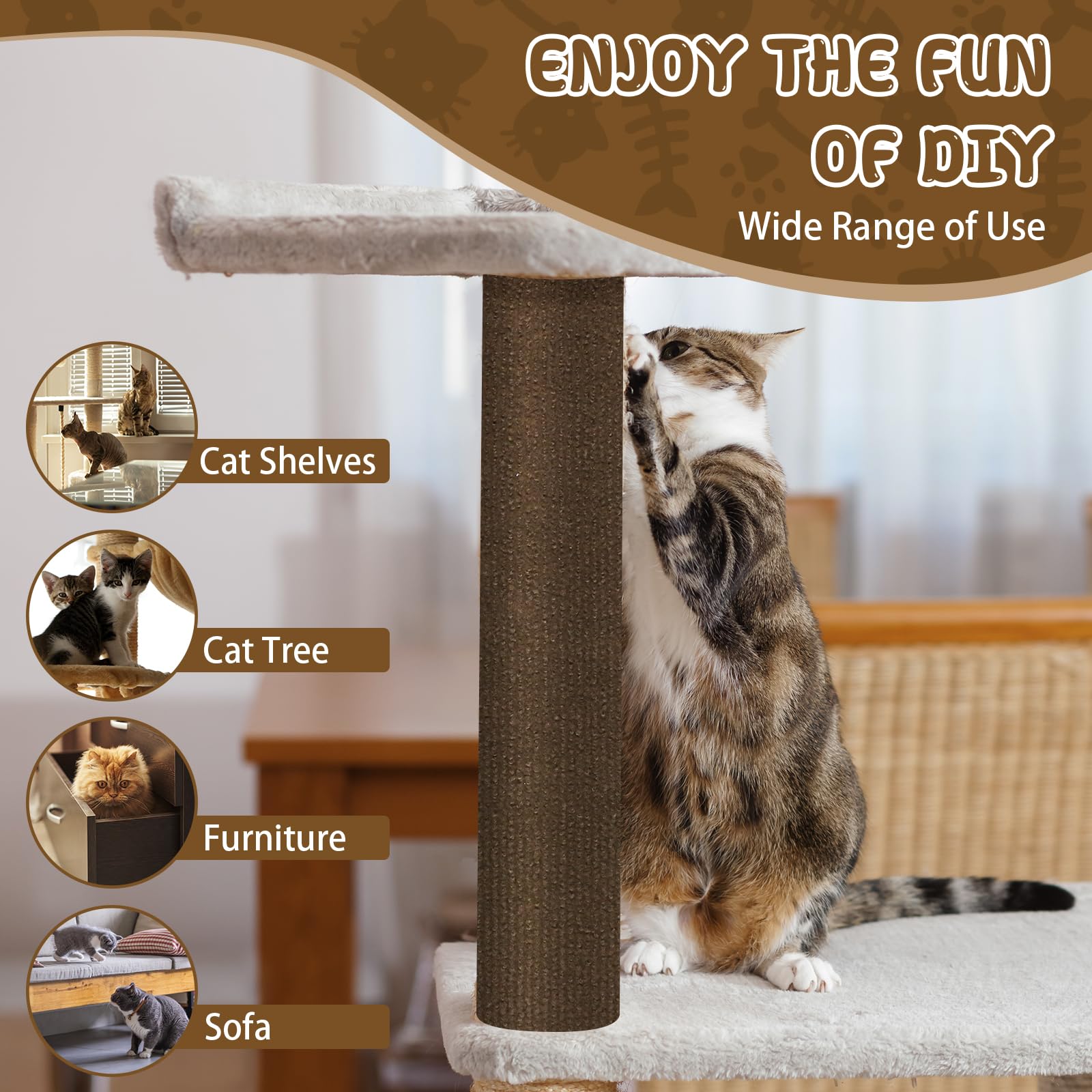 Climbing Cat Scratcher Mat Trimmable Cat Scratching Post Carpet 78.7ββx15.8ββ Self Adhesive Carpet Mat Pad Replacement for Cat Tree Shelves Post Couch Wall Furniture Steps DIY Protector (Brown)