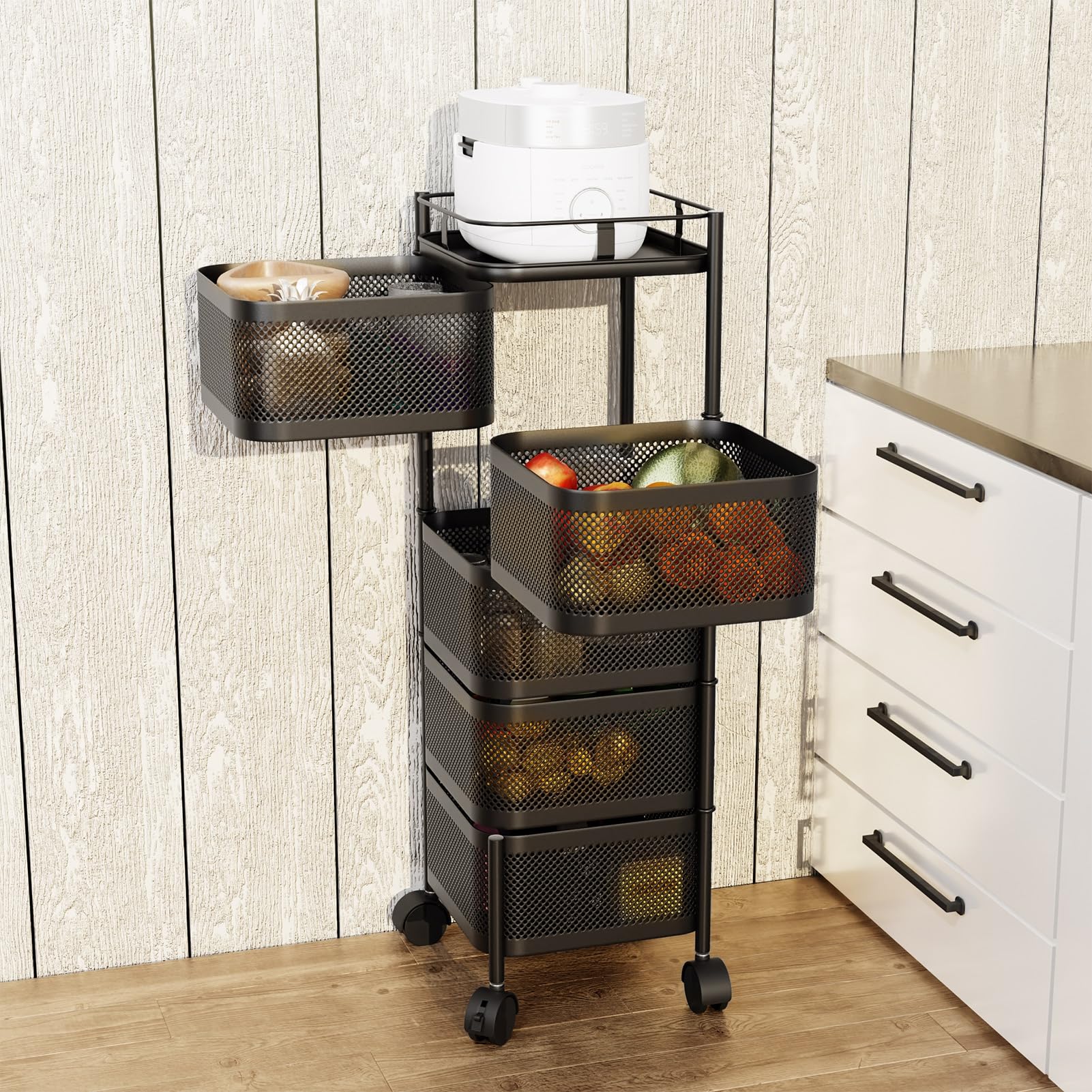 clinmday Rotating Storage Rack for Kitchen, 5-Tier Multi Layer Removable Basket Shelf Organizer on Rolling Wheels Rolling Shelf for Fruit Vegetable Grocery Corns Potato Onion (5-Tier, Black) Black 5-