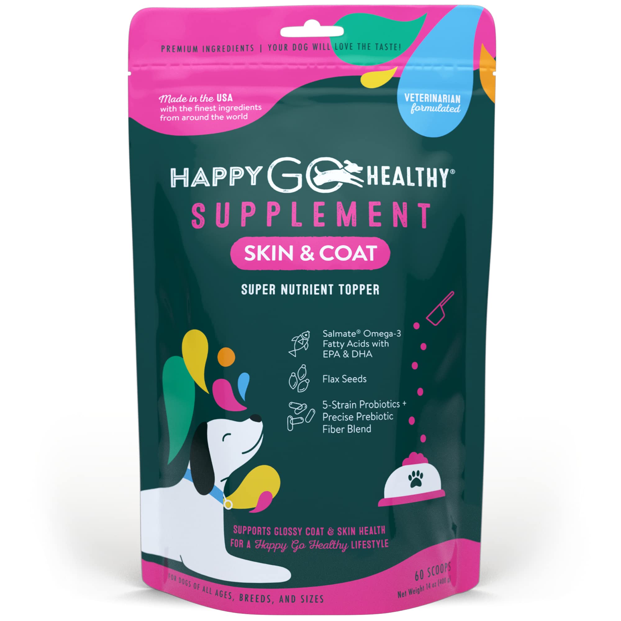 Happy Go Healthy Skin & Coat Supplements for Dogs | Dog Itching Skin Relief & Promotes Shiny Skin Coat for Dogs | Rich in Omega 3 All-Natural Ingredients Tasty Kibble Dog Food Topper | 60 Count Pack