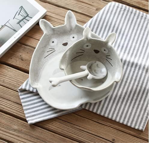 Ceramic Grey Cartoon Plate Bowl Set Hand-Painted Anime Character Dinnerware for Kids Cute Non-slip Dish Sets (Set of Bowl, Plate, Spoon)