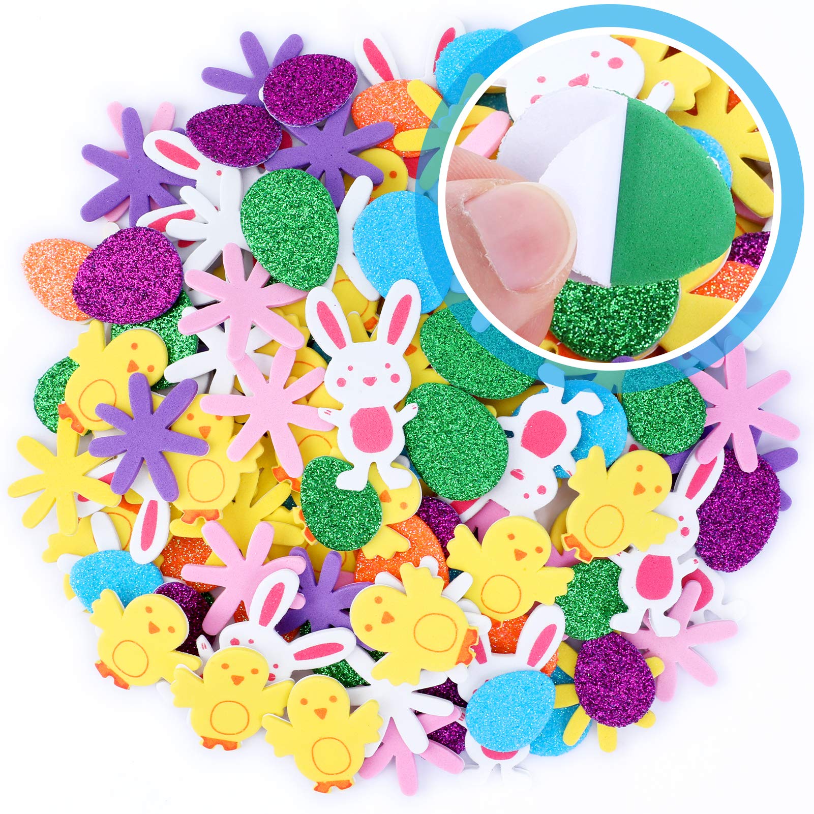 Konsait Bulk 208pcs Easter Foam Eggs Stickers, Bunny Chicken Self-Adhesive Foam Easter Eggs Shapes Stickers for Kid's Art DIY Craft Scrapbooks Supplies Easter Party Decor