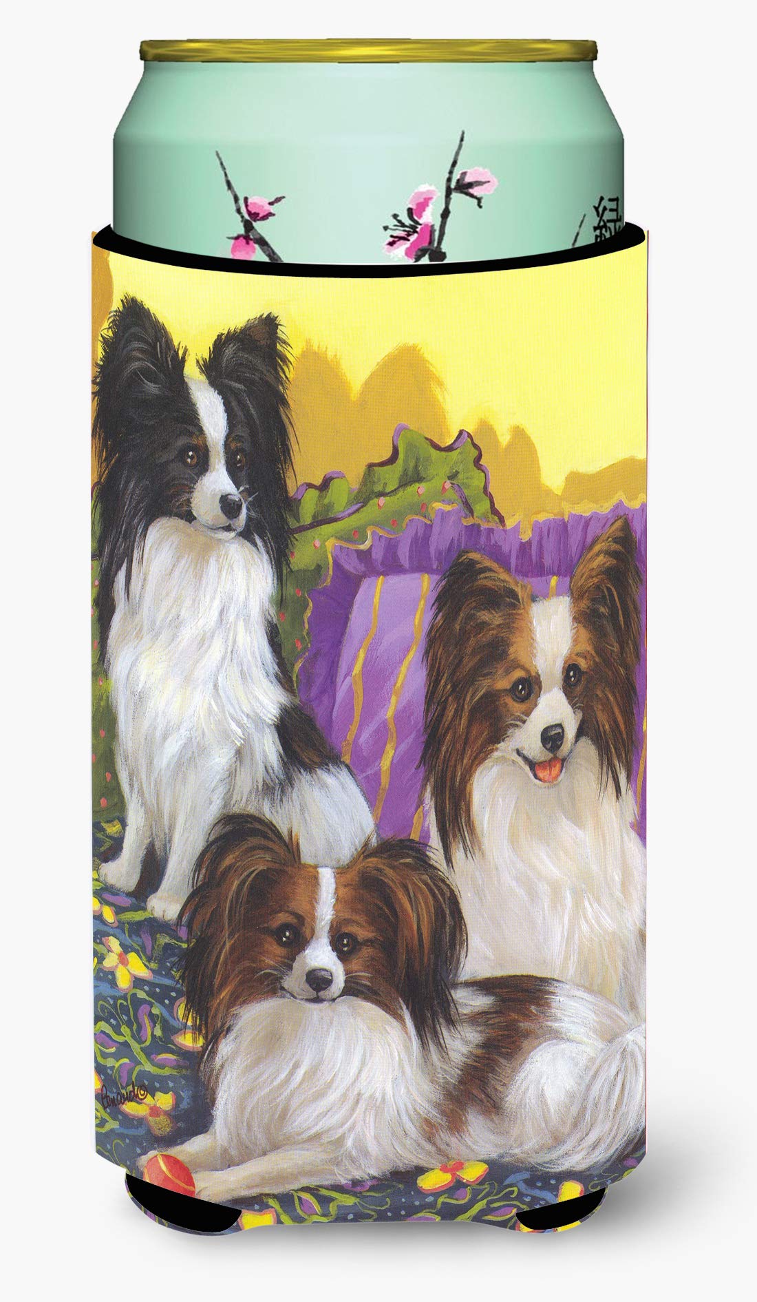 Caroline's Treasures PPP3144TBC Papillon Party Pals Tall Boy Hugger Can Cooler Sleeve Hugger Machine Washable Drink Sleeve Hugger Collapsible Insulator Beverage Insulated Holder