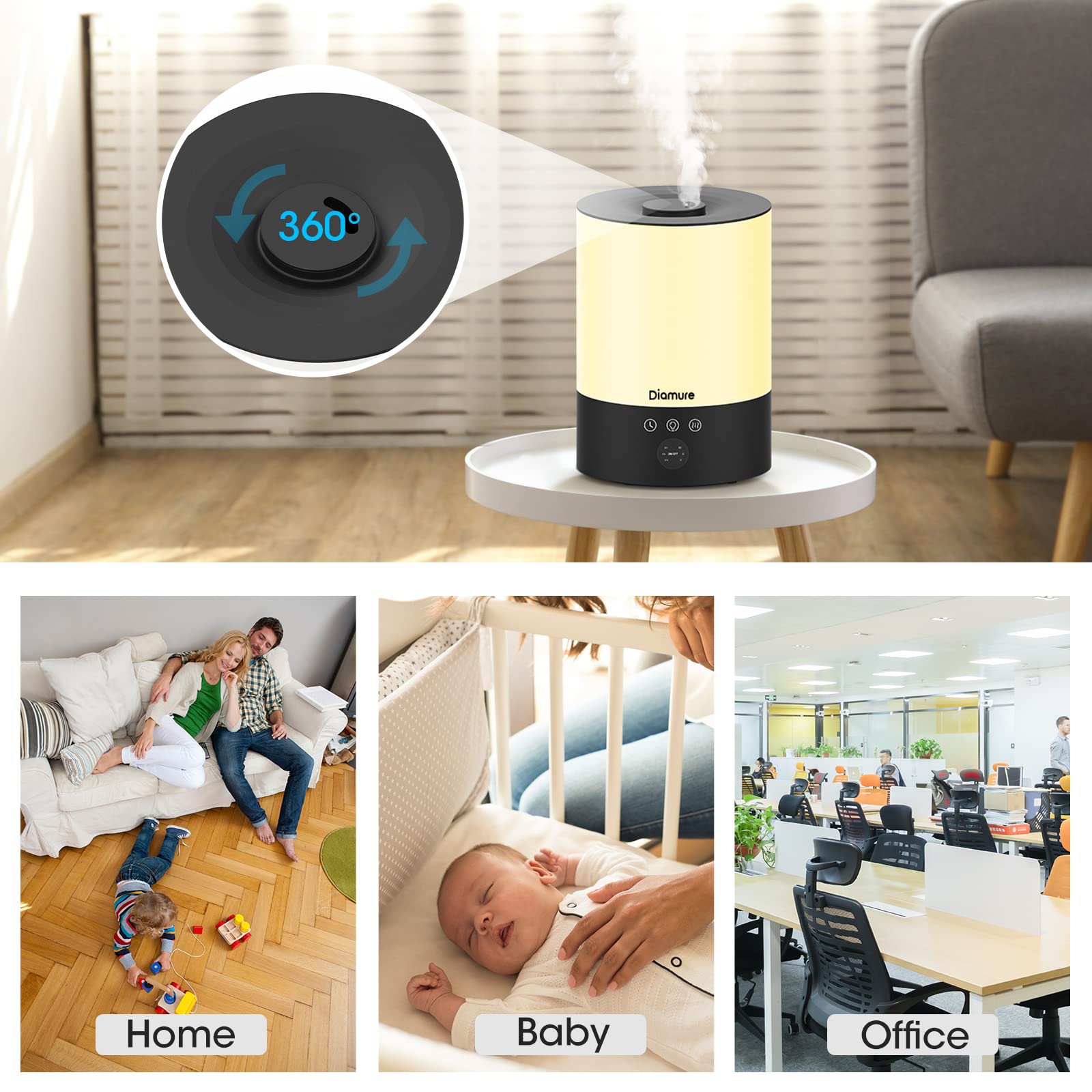 Humidifiers for Bedroom Large Room, Ultrasonic Cool Mist Humidifier Top Fill, 28dB Quiet Baby Air Humidifier with Night Light 7 Color, 28H Diffuser for Plants, Timer, Auto Shut-Off, 2.5L, Black