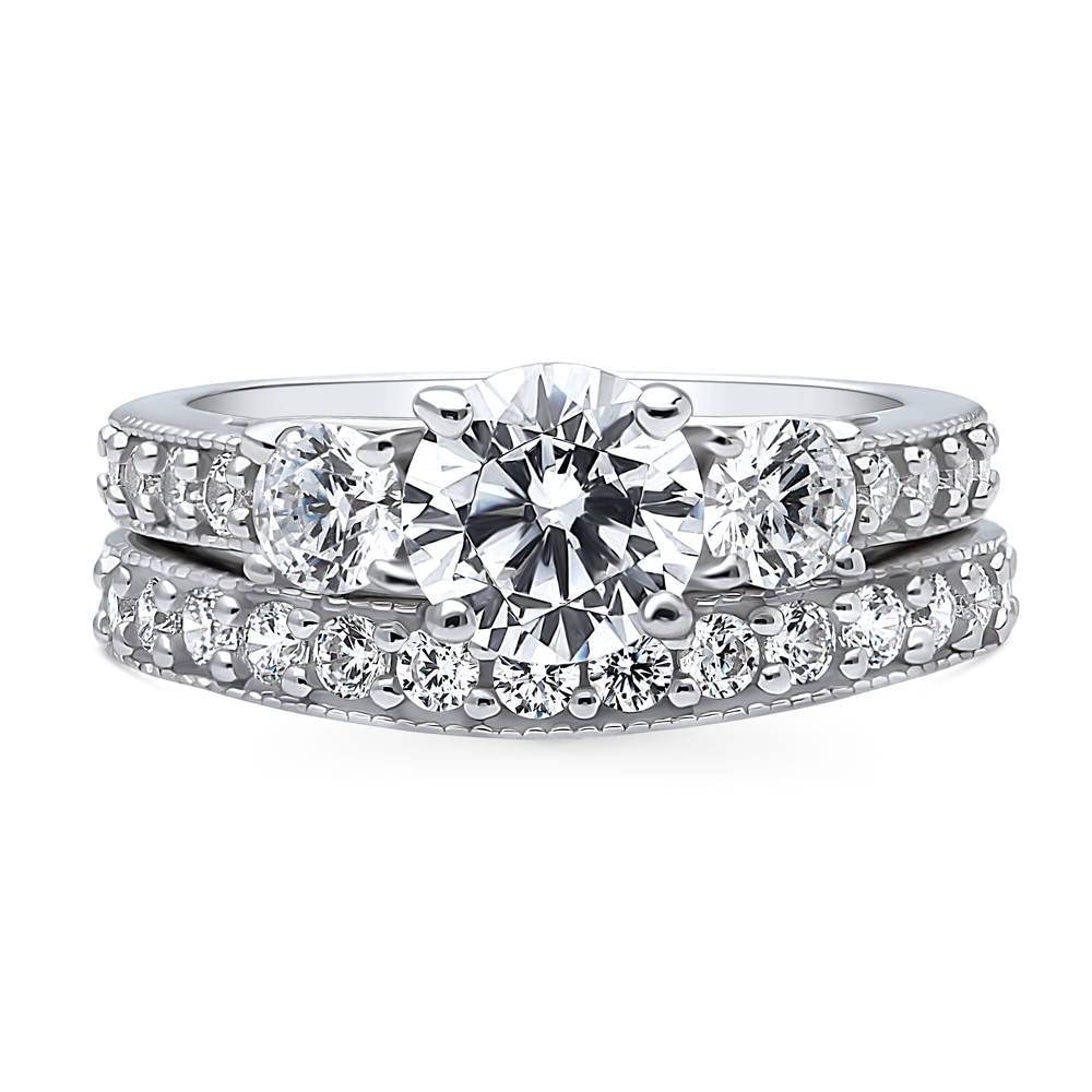 BERRICLE Sterling Silver 3-Stone Wedding Engagement Rings Round Cubic Zirconia CZ Ring Set for Women, Rhodium Plated Size 8