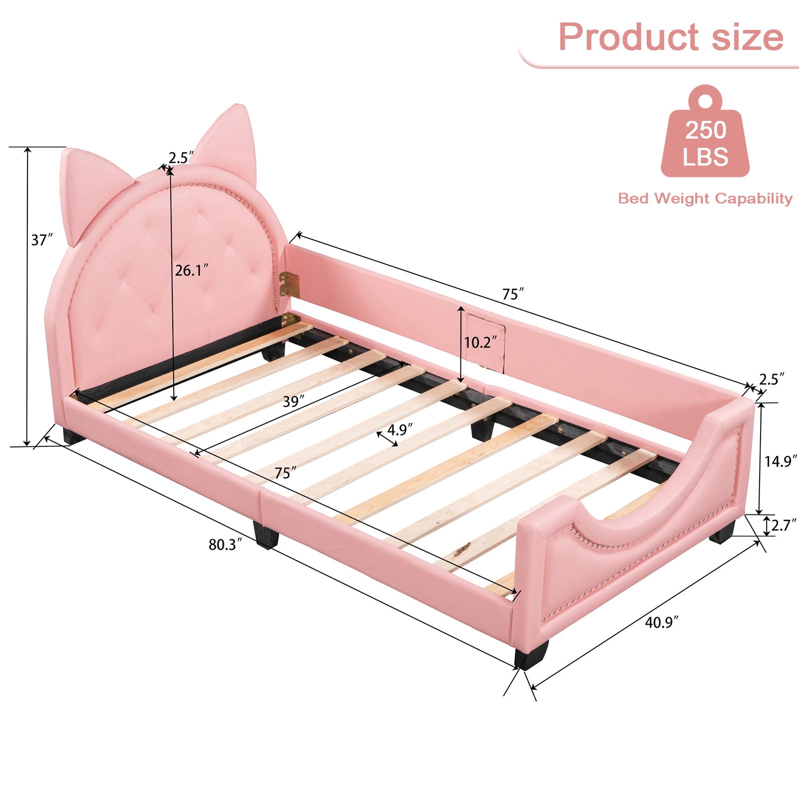 Cute Twin Size Upholstered Daybed, PU Leather Platform Bed with Carton Ears Shaped Headboard, Wooden Slat Supports Bed Frame for Kids, Girls, Boys, Child's Room, No Box Spring Needed (Pink)