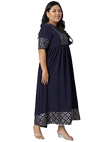 Janasya Indian Women's Plus Size Dark Blue Poly Crepe Kurta(PJNE3363-KR-A-5XL)