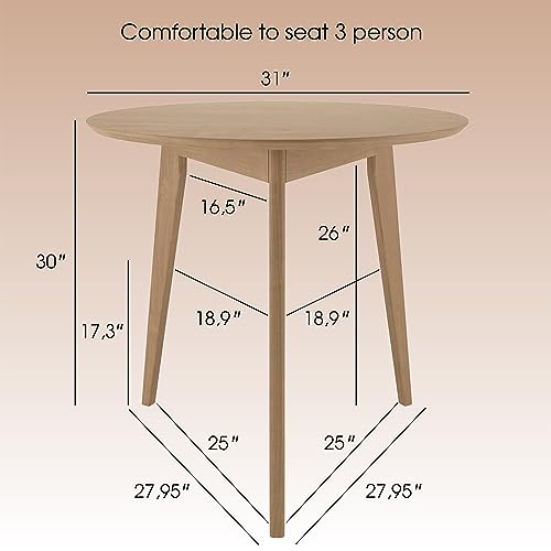 DAIVA CASA Orion Light 31 inch 3 Legs Round Table for 3 Person - Birch Solid Wood Kitchen & Dining Room Furniture - Mid Century Modern Scandinavian Style β Brown Table for Small Space