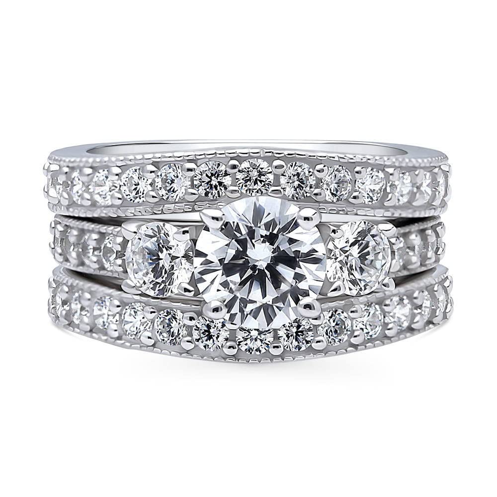 BERRICLE Sterling Silver 3-Stone Wedding Engagement Rings Round Cubic Zirconia CZ Ring Set for Women, Rhodium Plated Size 7