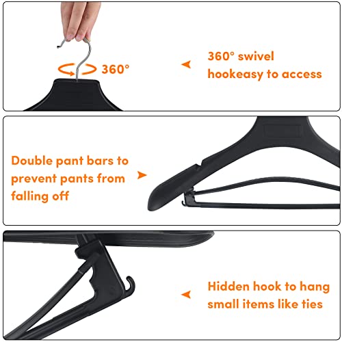 DEDU Plastic Extra Wide Shoulder Suit Hangers for Men 20 Pack Width 17.3", Black Sweater Hangers no Shoulder Bump Non Slip for Thick Sweaters, Clothes Hangers with Pants Bar 360° Swivel Metal Hook