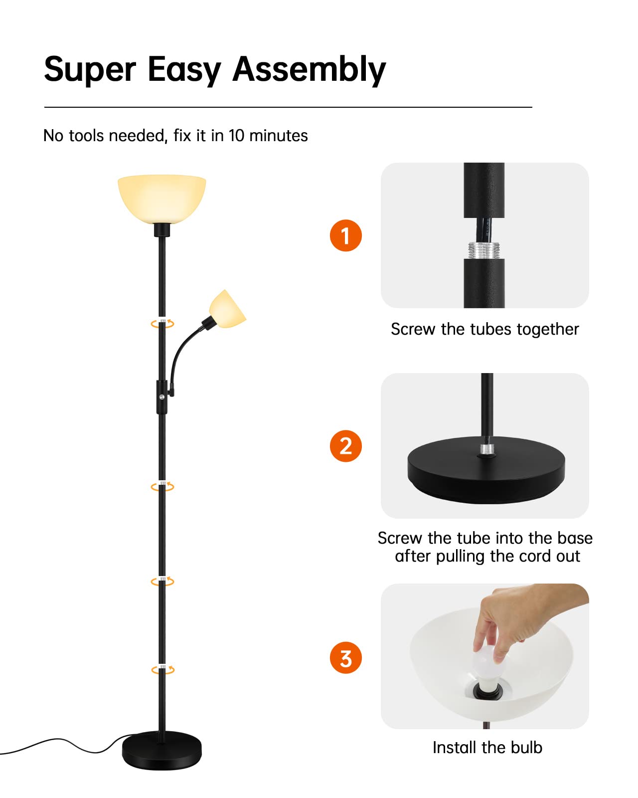 BoostArea Floor Lamps for Living Room, Modern Floor Lamp with Reading Lamp(12W, 4W), Bright Standing Lamp with Bulbs, 70.5" Tall, White Plastic Lampshades,3-Way Rotary Switch, Simple Pole Lamps, Black