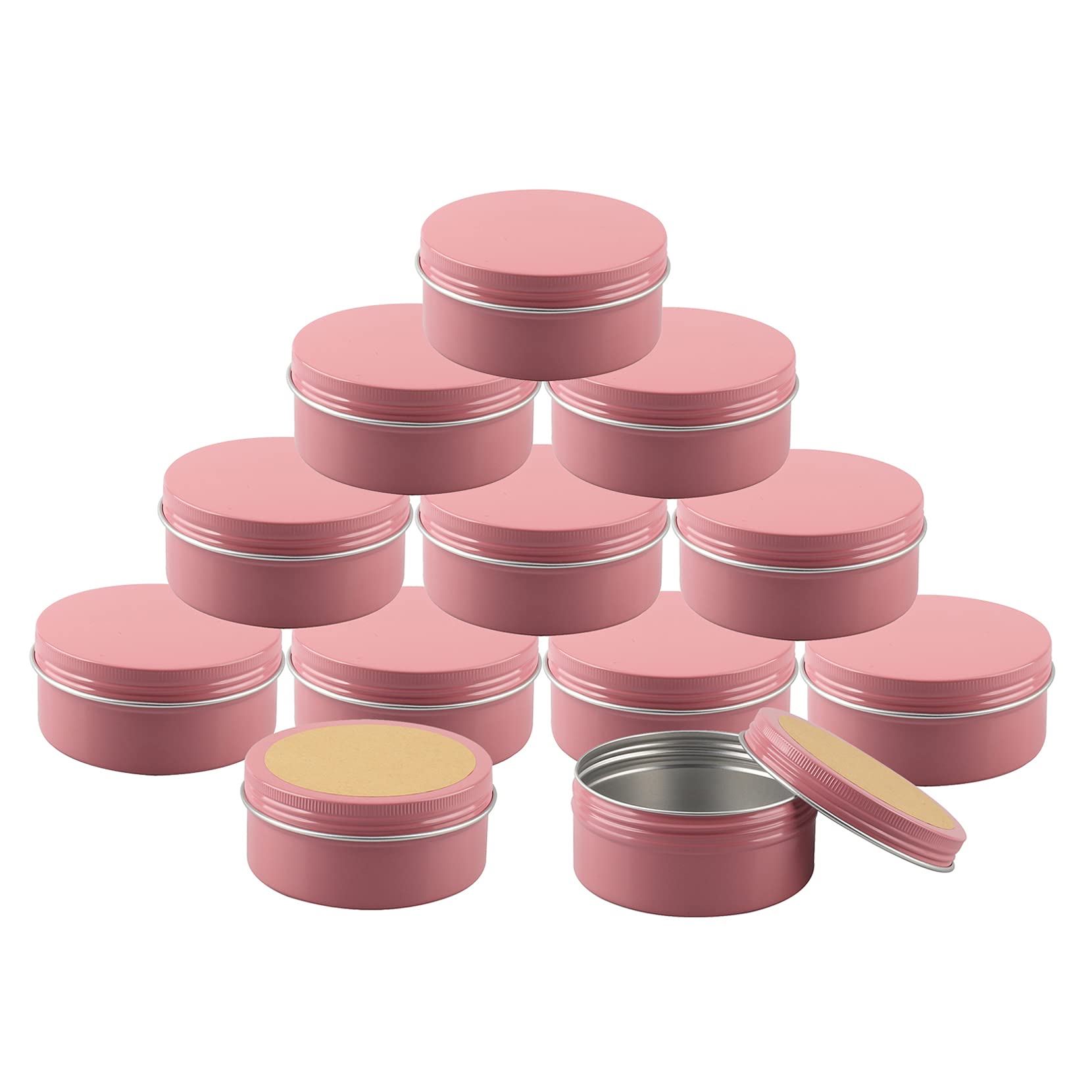 DLIBUY 24 Pcs 150ml 150g Empty Round Pink Aluminum Tin Jars with Screw Lids Cosmetics Lip Balm Containers Pots for DIY Candle Salve Powder Crafts Storage Cans 3x Alu Spoon, 24x Ø 70cm Labels