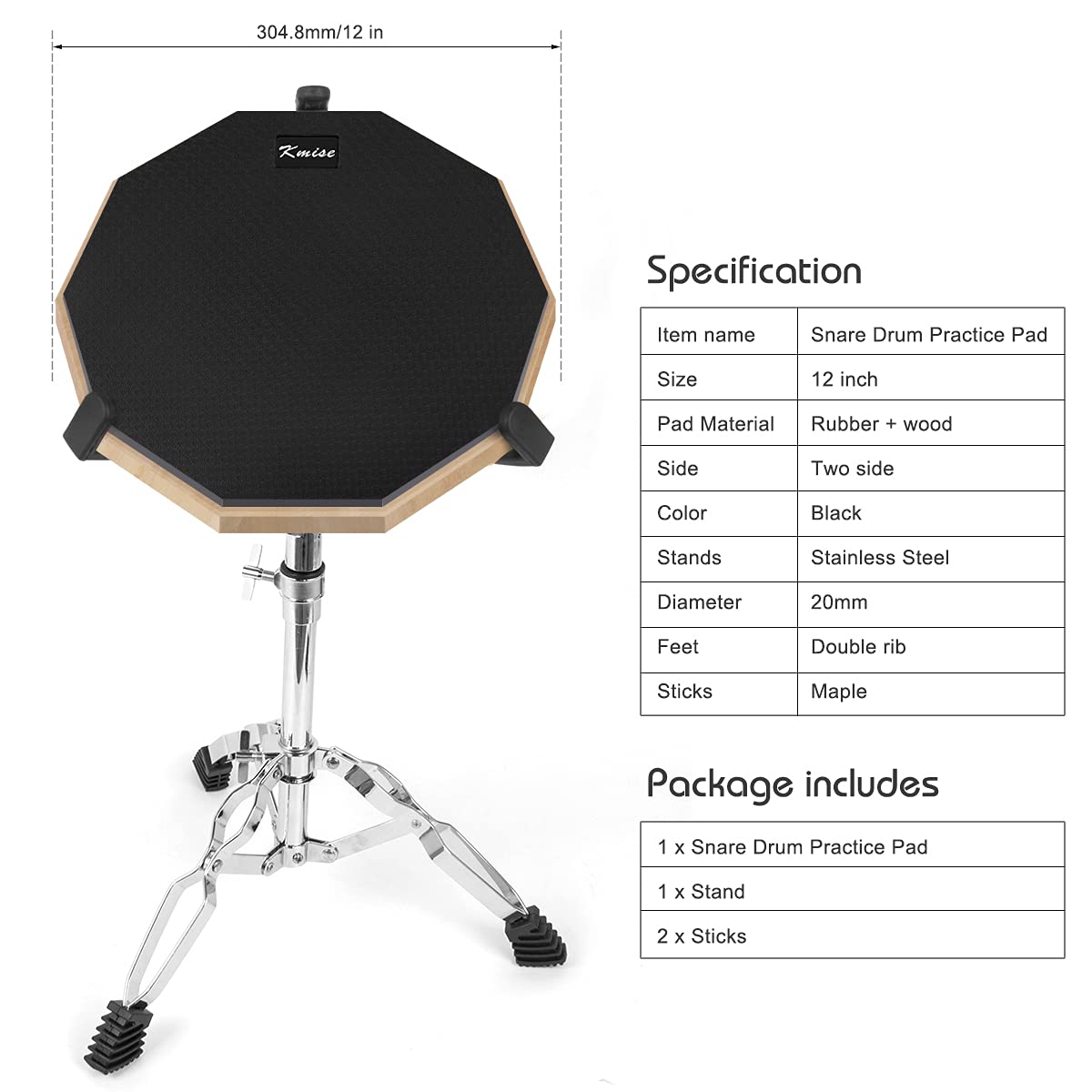 Practice Drum Pad, 12 Inch Exercise Pads Set Mat for Adult Kids with Snare Drums Stand Double Sided Drumsticks Black