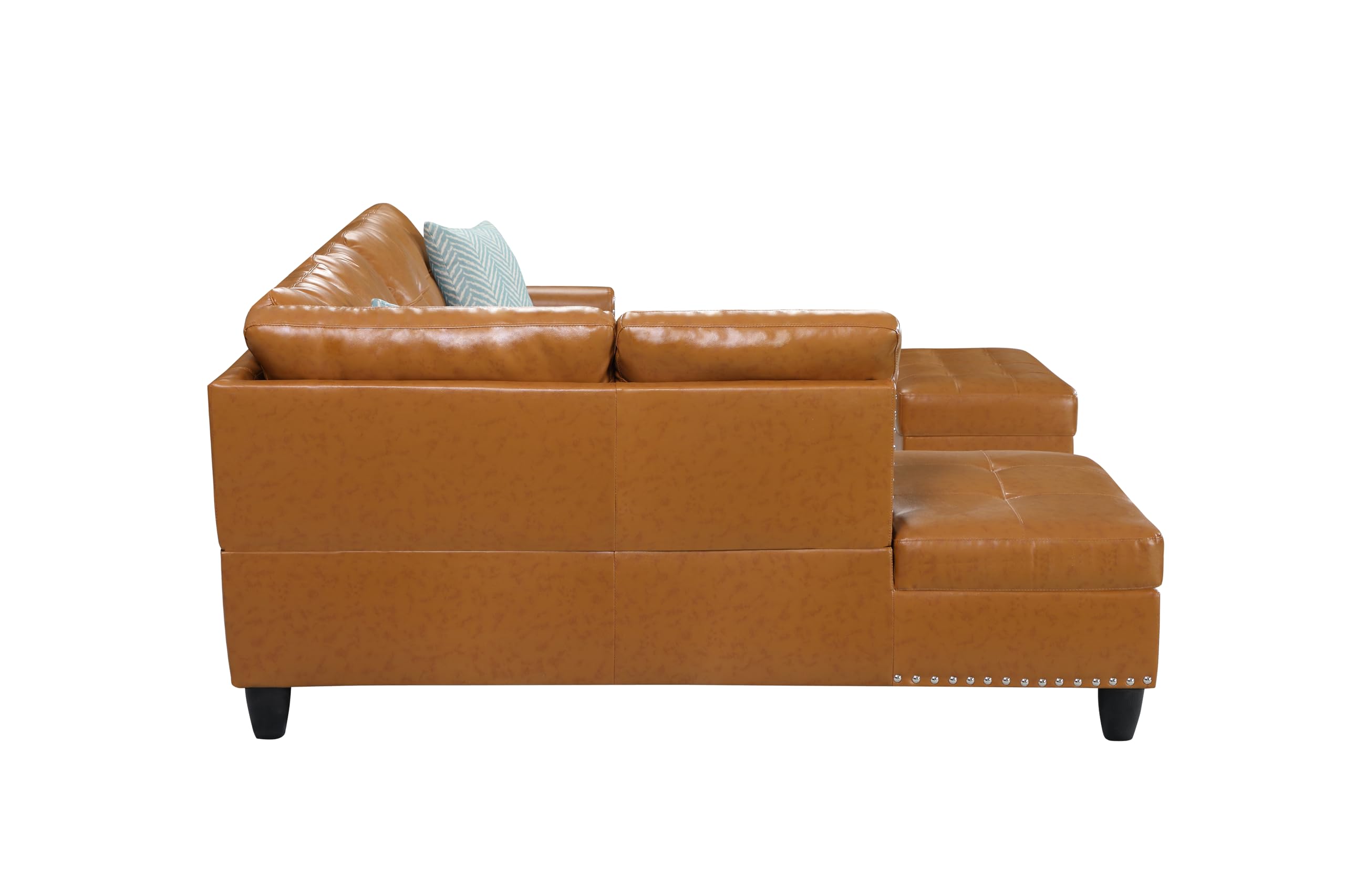 FANYE L-Shaped 5 Seaters Sectional Sofa with Right Chaise, Faux Leather Upholstered Corner Sofa&Couch W/2 Cup Holders and Storage Ottoman for Home Apartment Office Living Room
