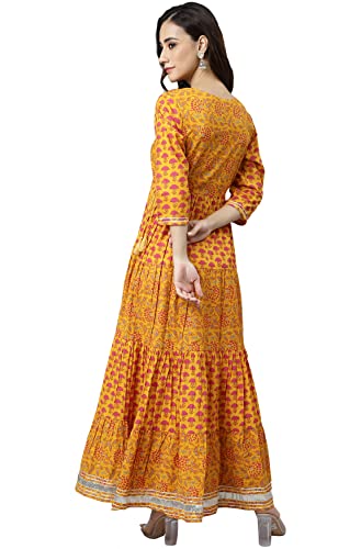 Janasya Women's Mustard Cotton Floral Print Flared Kurta(JNE3971-KR-XL)