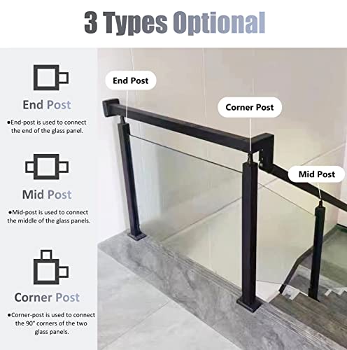 Glass Railing Post Black Metal Glass Railing Post for Indoor Outdoor, Heavy Duty Floor Standing Square Balustrade System with Base Cover, Deck Balcony Loft Guardrails