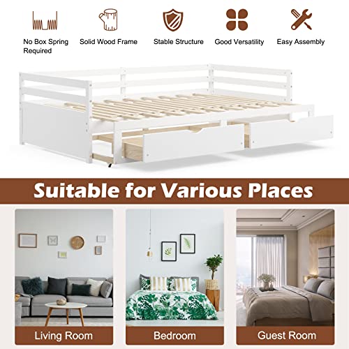DORTALA Twin to King Daybed with Trundle and 2 Storage Drawers, Modern Extendable Daybed with Pull Out Bed Twin, Dual-use Sofa Bed for Bedroom, Guest Room, Living Room, No Box Spring Required, White