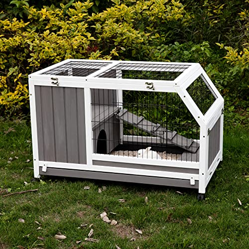 Gowoodhut Rabbit Cage On Wheels Outdoor Rabbit Hutch with Ramp, Pull Out Tray Indoor Wooden Guinea Pig House Bunny Hutch for for 1-2 Rabbit Guinea Pig Hedgehogs (GREYWHITE)