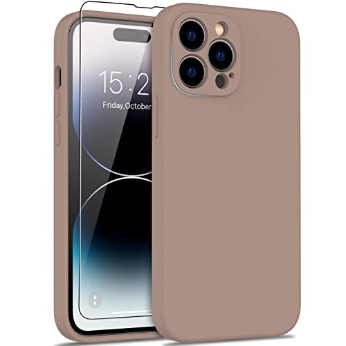 DEENAKIN Compatible with iPhone 14 Pro Max Case - Enhanced Camera Protection and Screen Protector - Liquid Silicone Cover - Slim Fit Protective Phone Case 6.7”for Women Girls - Light Brown