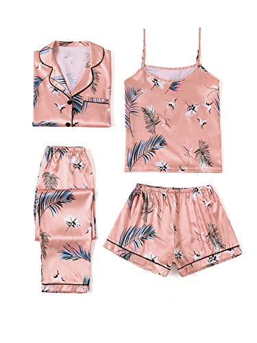 LYANER Women's Pajamas Set 4pcs Satin Silk Cami Top Button Down Loungewear Pjs Set Pink Small