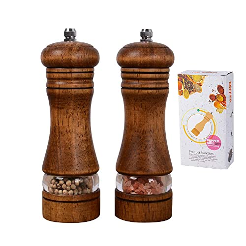 Funly mee 2 Pack Farmhouse Manual Wood Salt and Pepper Grinder Mills Sets, Refillable Mill Sets with Clear Acrylic Window - 6.5 In (6.5 inch Brown)