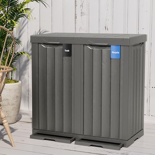 EAST OAK 62 Gallon Outdoor Trash Can, Waterproof Resin Garbage Can with Garbage Sorting Boards, Lid and Tray, Outdoor Waste Bin for Patio, Kitchen, Backyard, Deck, Gray