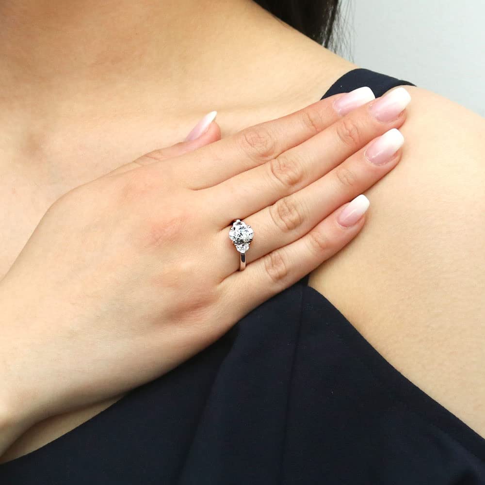 BERRICLE Sterling Silver 3-Stone Wedding Engagement Rings Oval Cut Cubic Zirconia CZ Ring for Women, Rhodium Plated Size 6